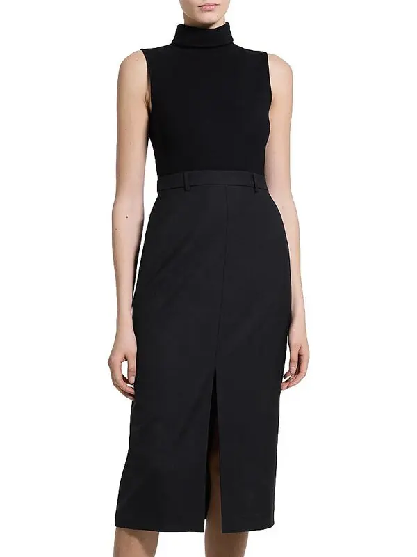 Theory Funnel Neck Sleeveless Draped Midi Dress - Black