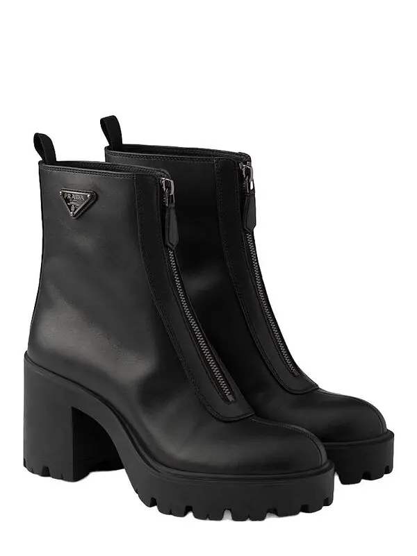 Prada Leather Ankle Boots With Zipper - Black
