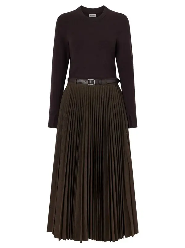 Simkhai Belted Pleated Woven Midi Dress - Brown