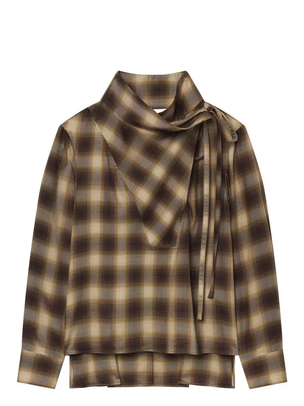 Co Plaid Asymmetric Drape Workwear Shirt - Brown