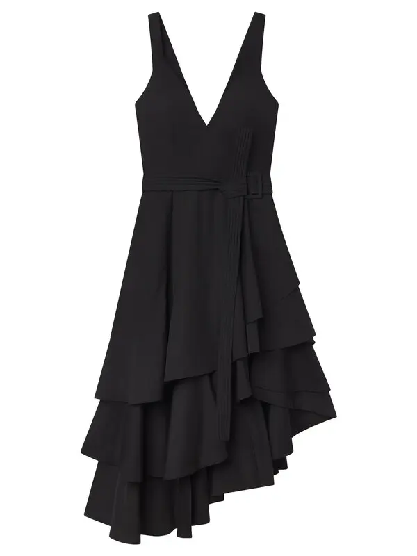 Co Tton Poplin Asymmetric Tiered Midi Dress - Black