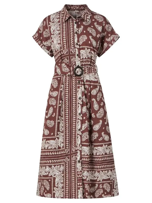 YUMI Scarf Print Midi Shirt Dress - Brown