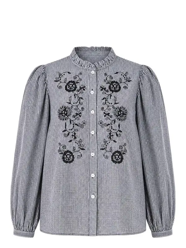 YUMI Cotton Gingham Embroidered Shirt - Black
