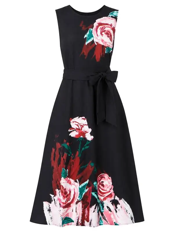 YUMI Abstract Floral Skater Midi Dress - Black