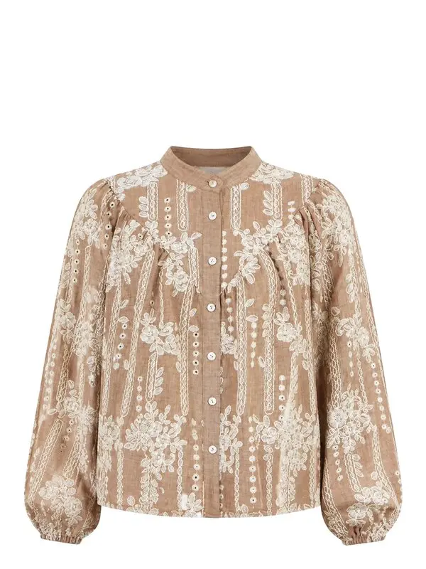 YUMI Embroidered Floral Relaxed Shirt - Brown