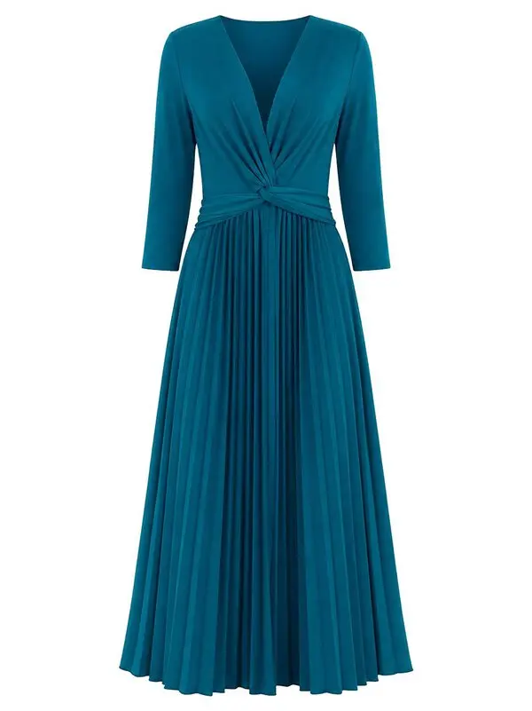 YUMI Teal Stretch Wrap Pleated Midi Dress - Blue