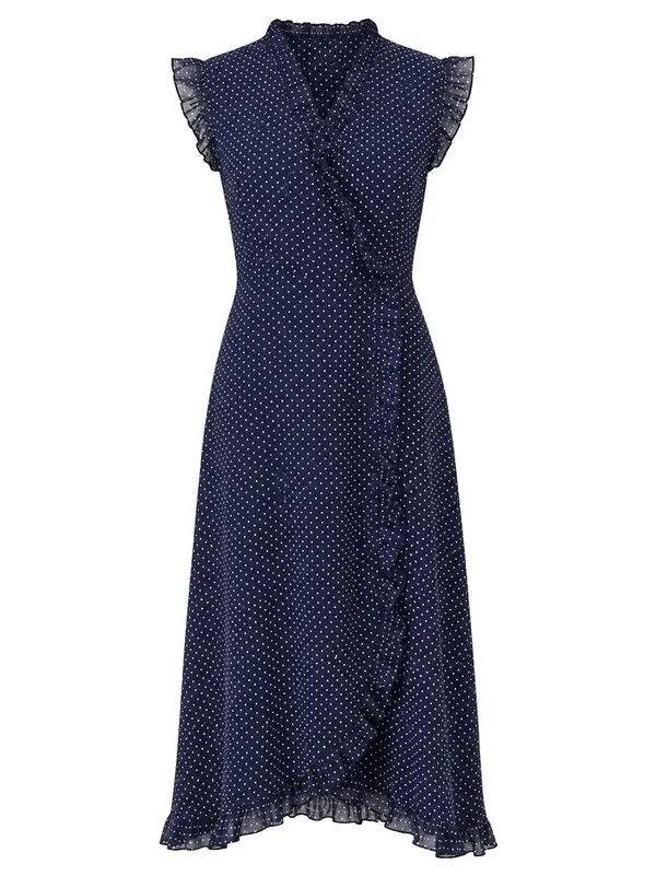 YUMI Navy Polka Dot Midi Wrap Frill Dress - Blue