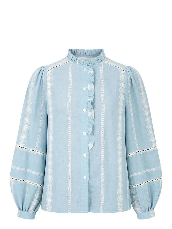 YUMI Cotton Embroidered Panel Shirt - Blue