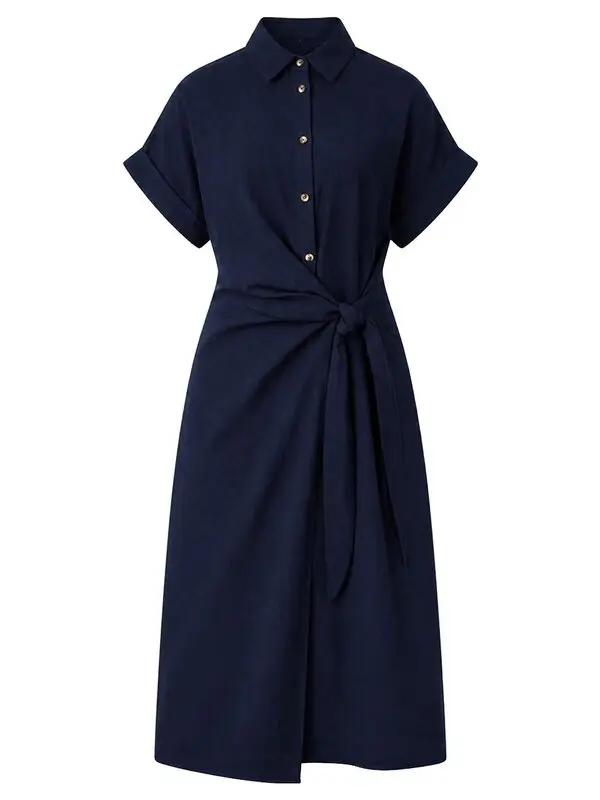 YUMI Navy Wrap Tie Midi Shirt Dress - Blue