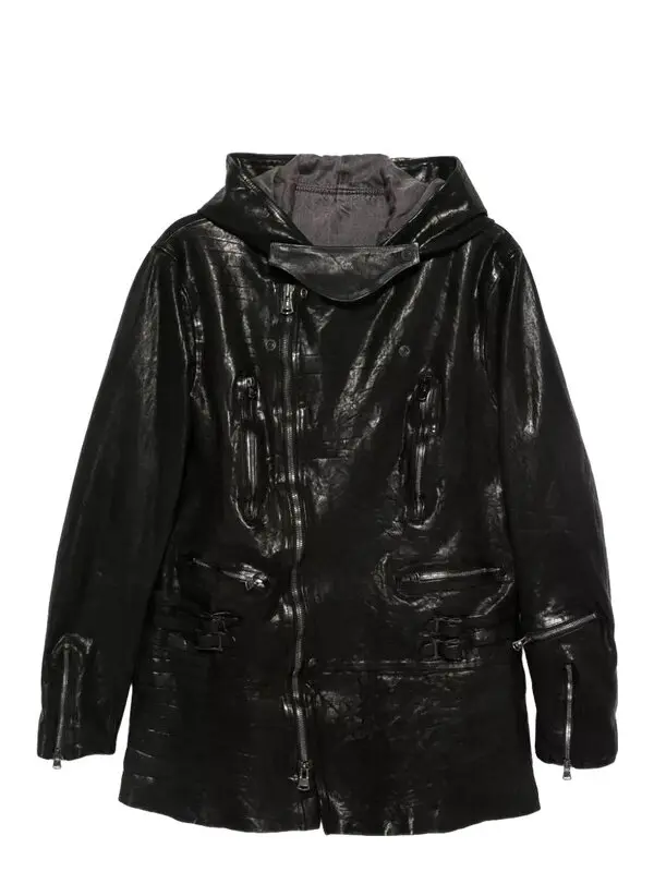 Yohji Yamamoto Hooded Crinkled Leather Coat - Black