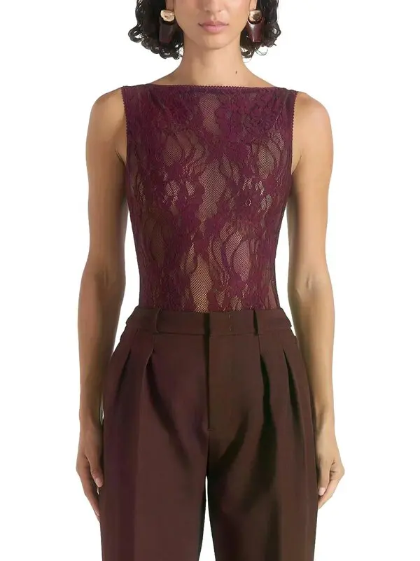 Manière De Voir Rhonda In Wine Open-back Lace Bodysuit - Purple