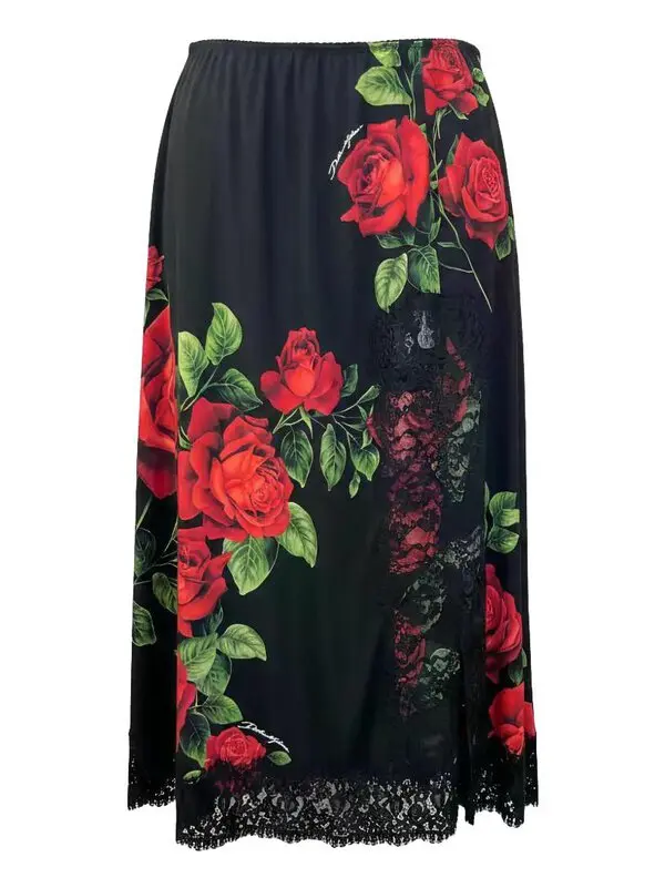 Dolce & Gabbana Rose-print Lace-trim Skirt - Black