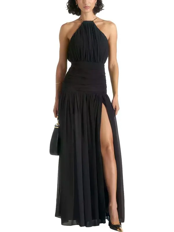Manière De Voir Fabienne In Metallic Ruched Halterneck Maxi Dress - Black