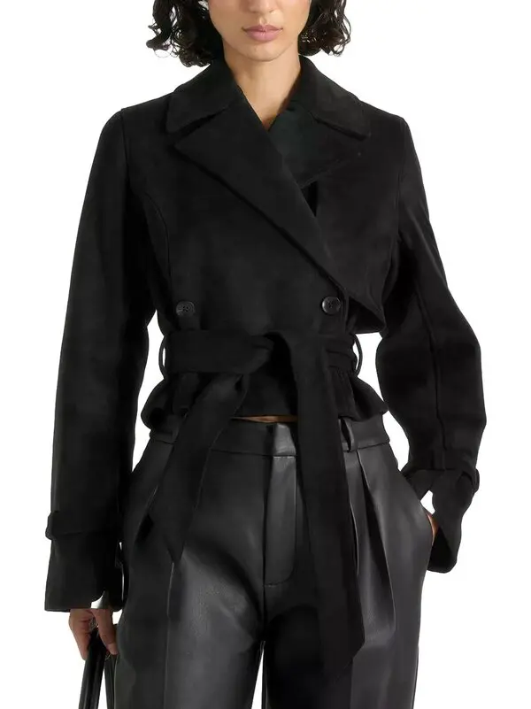 Manière De Voir Poppy In Cropped Suede Belted Biker Jacket - Black