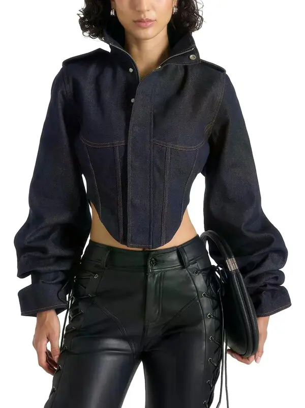 Manière De Voir Solange Denim Tacked Sleeve Corset Jacket - Blue