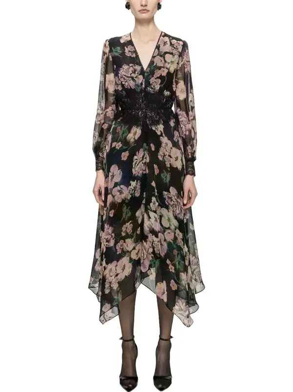 NISSA Lace-insert Chiffon Midi Dress - Black