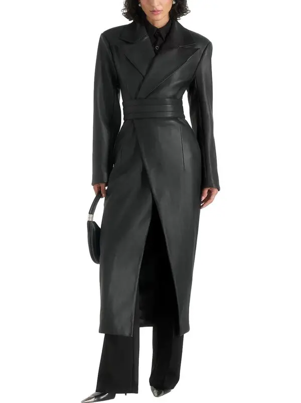 Manière De Voir Esma Leather Asymmetric Coat With Cinch Belt - Black