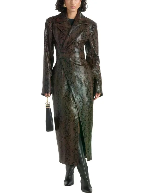Manière De Voir Esma Python Asymmetric Coat With Cinch Belt - Brown