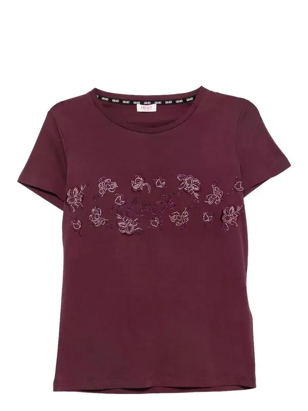 Liu Jo Rhinestone Embellished Floral Cotton T-shirt - Red