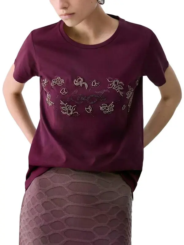 Liu Jo Rhinestone Embellished Floral Cotton T-shirt - Red