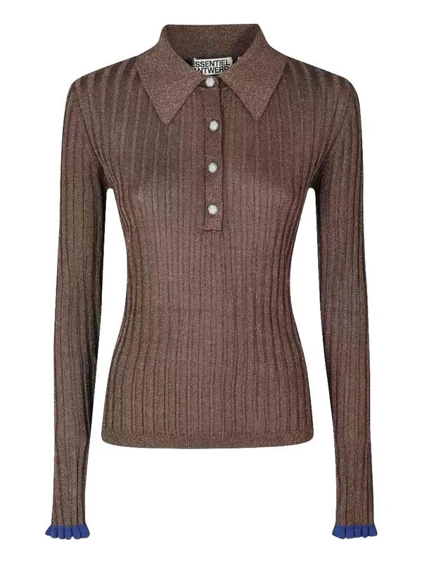 Essentiel Antwerp Glitter Effect Ribbed Knit Polo Shirt - Brown