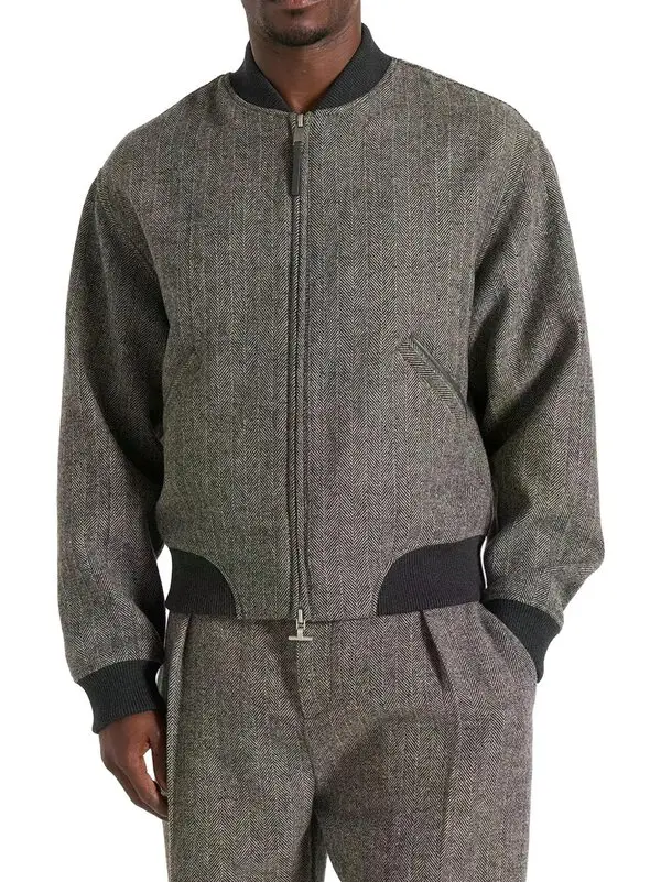 Manière De Voir Leandro In Herringbone Wool Bomber Jacket - Grey