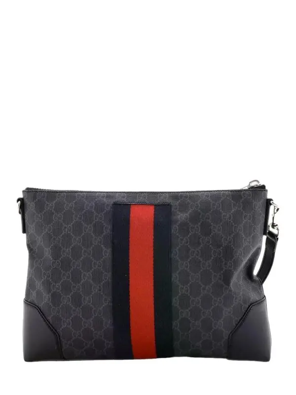 Gucci Web Zip Flat Messenger Gg Coated Canvas Medium Crossbody Bag - Black