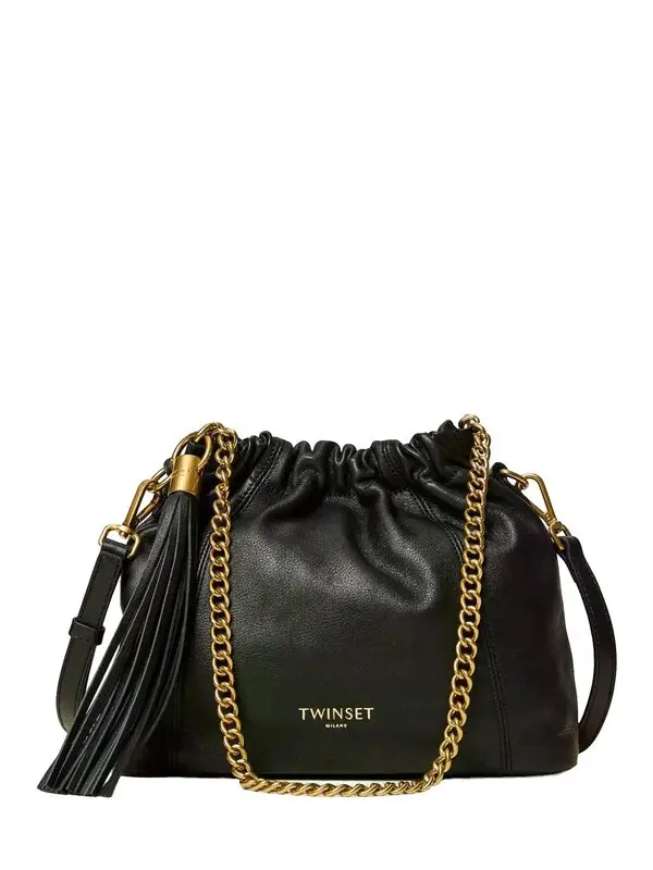 TWINSET Leather Shoulder Bag With Ruching - Black