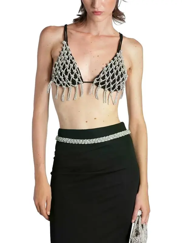 HIBOURAMA Triangle Crystal-embellished Fringed Top - Black