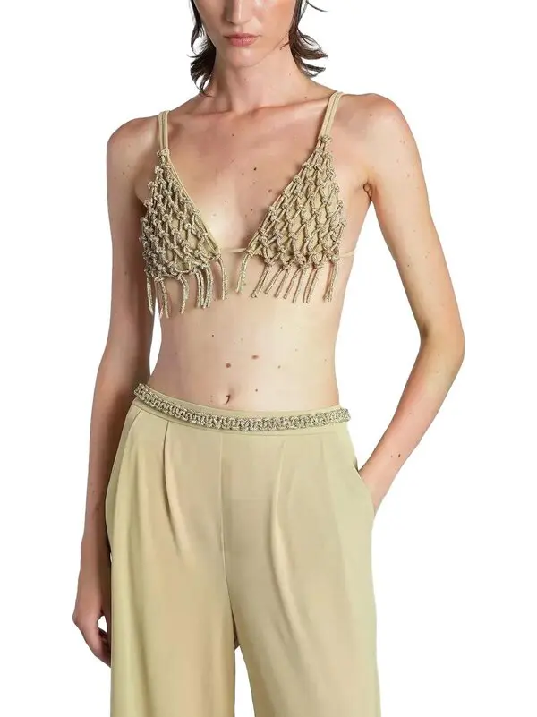 HIBOURAMA Triangle Embroidered Fringed Top - Green