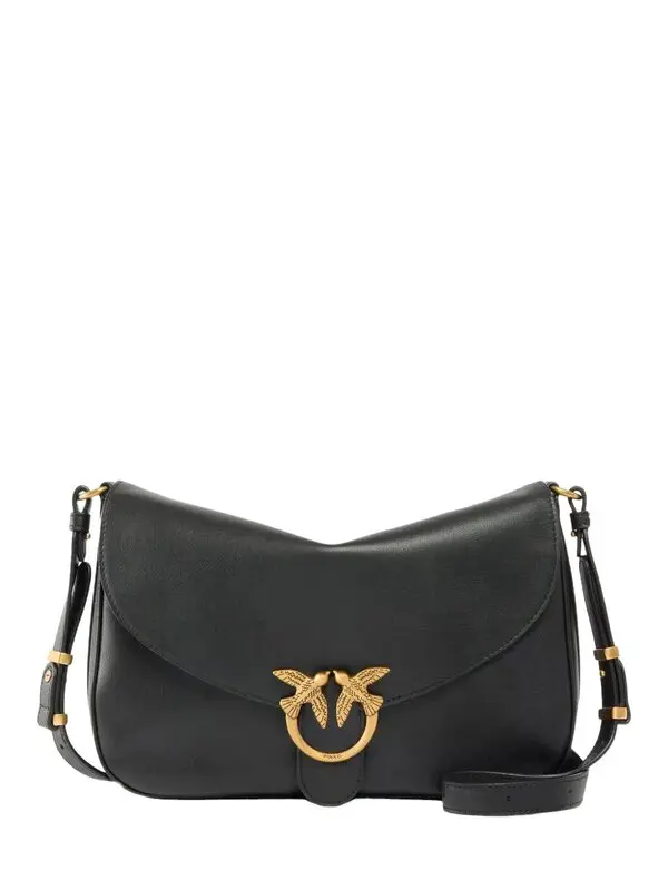 Pinko Medium Leather Bag With Love Birds Diamond Cut Buckle - Black