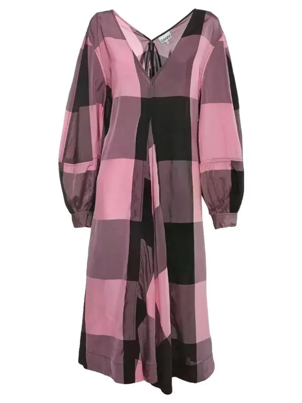 GANNI Checked Balloon-sleeve Mini Dress - Pink