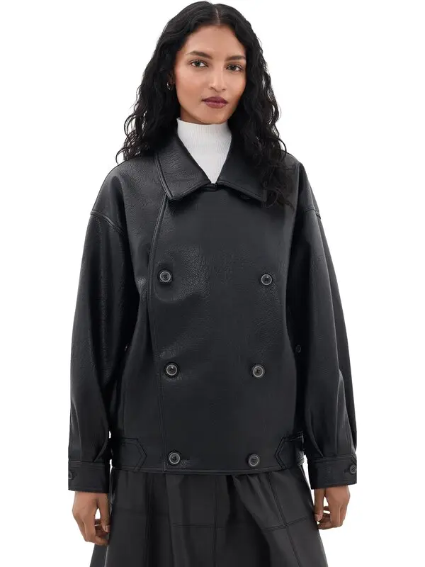 Source Unknown Vitellino Double Breasted Faux Leather Jacket - Black