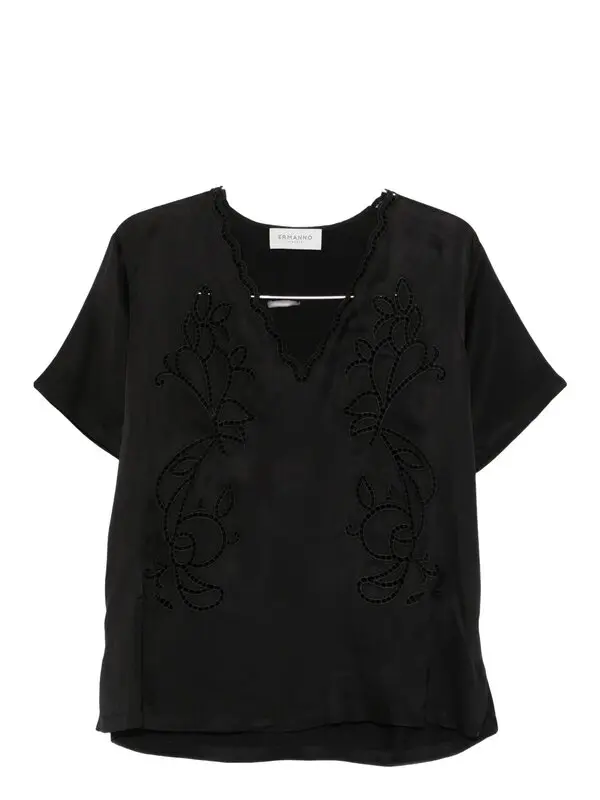 ERMANNO FIRENZE Floral-embroidery V-neck Top - Black