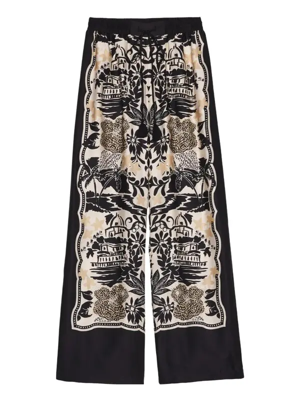 ERMANNO FIRENZE Graphic-print Drawstring Palazzo Trousers - Black