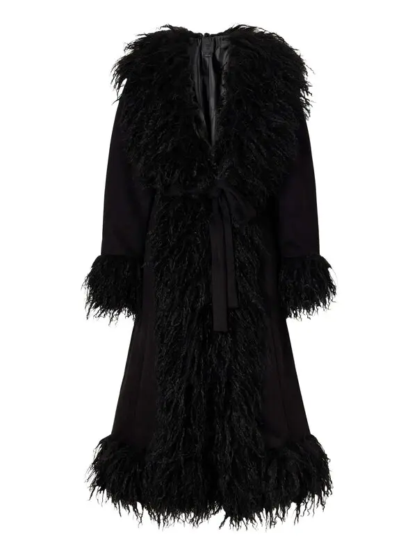 Anna Sui Belted Plush-trimmed Woven Coat - Black