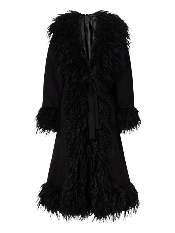 Anna Sui Belted Plush-trimmed Woven Coat - Black