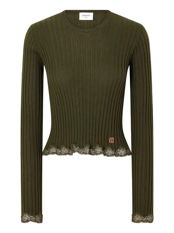 Saint Laurent Lace-trimmed Ribbed Wool, Cashmere And Silk-blend Knitwear - Green