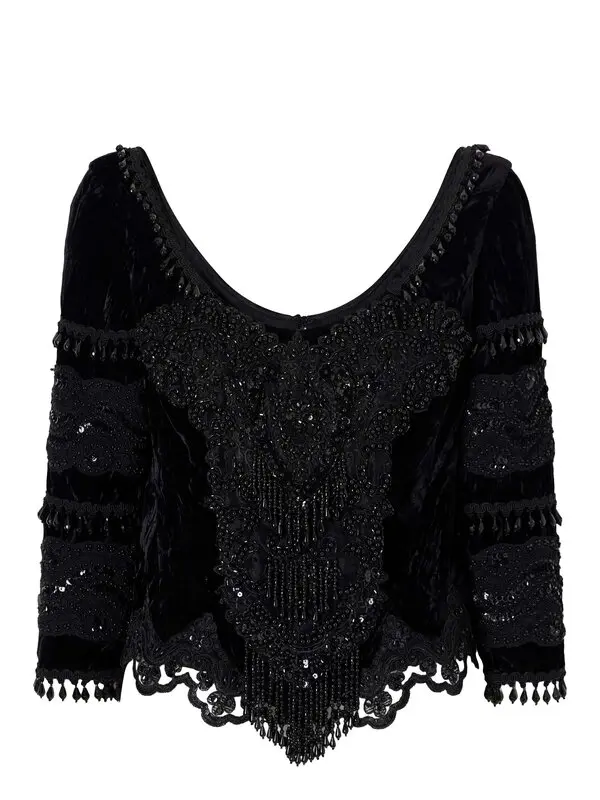Anna Sui Fringed Bead-embellished Lace-trimmed Velvet Blouse - Black
