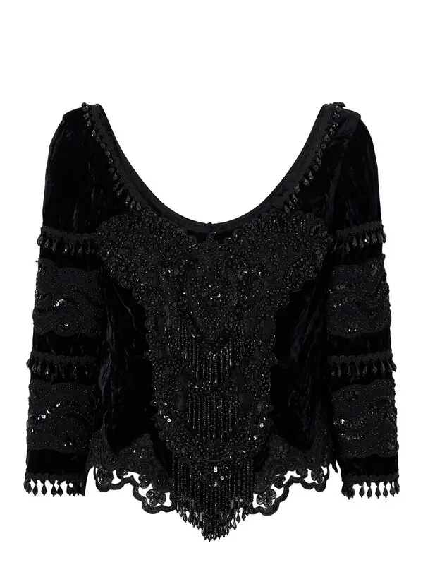 Anna Sui Fringed Bead-embellished Lace-trimmed Velvet Blouse - Black