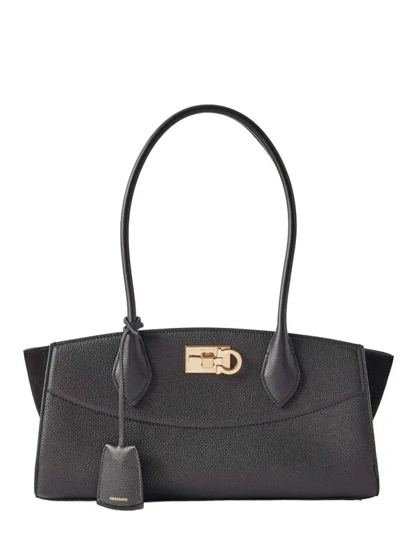FERRAGAMO Studio East West Suede-trimmed Textured-leather Shoulder Bag - Black