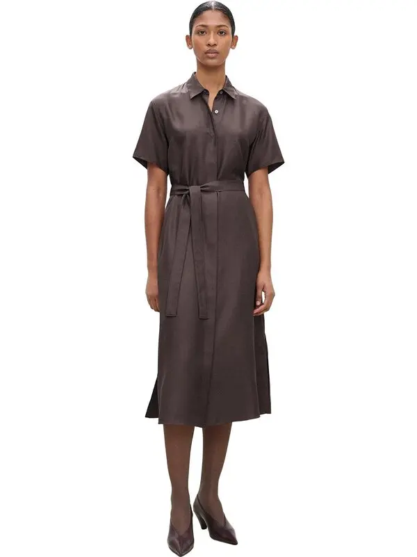 Theory Belted Shirt Dress In Mod Silk Twill - Cacao