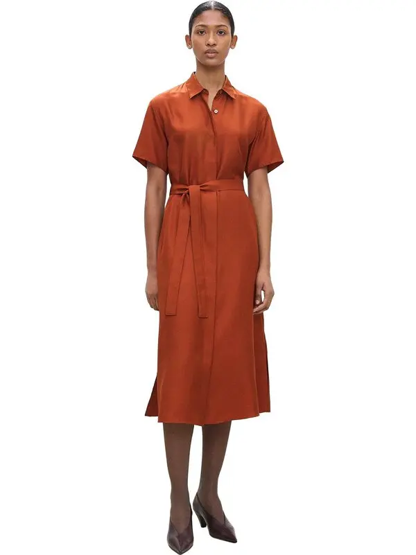 Theory Belted Shirt Dress In Mod Silk Twill - Umber