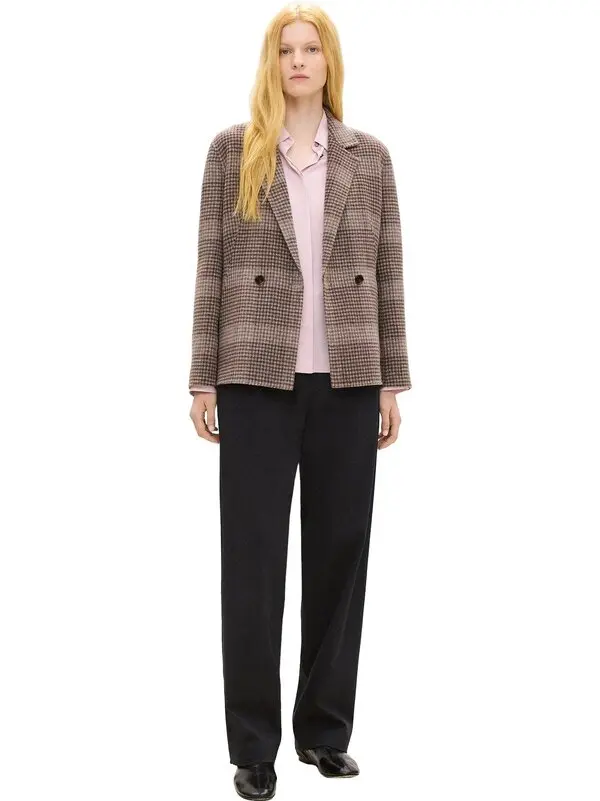 Theory Peplum Double-breasted Blazer In Plaid Wool-cashmere - Mahogany Multi