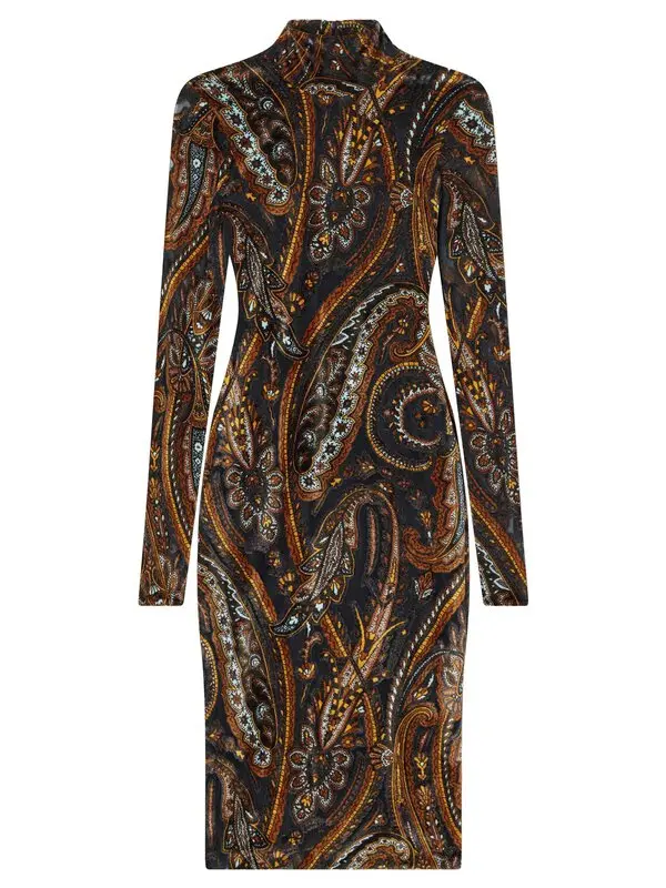 Etro Printed Stretch-velvet Knee-length Dress - Brown
