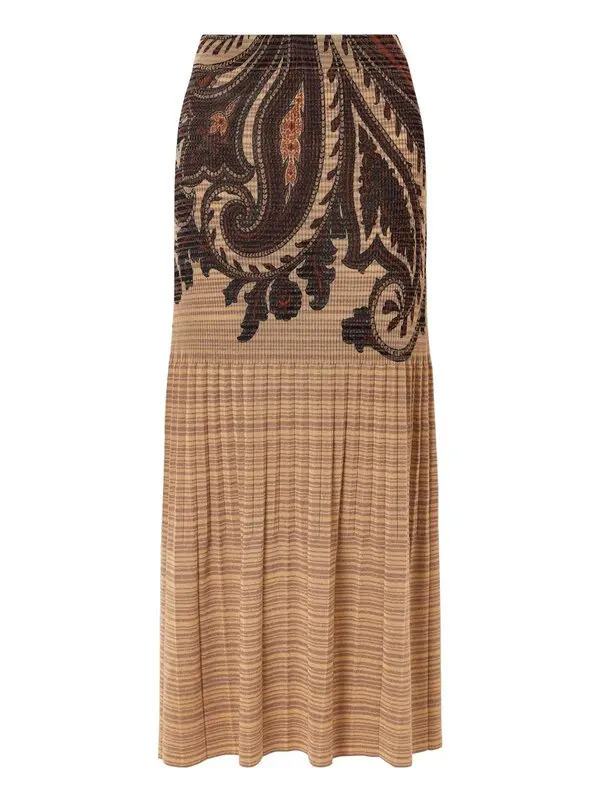 Etro Paisley Printed Plissé-knit Midi Skirt - Beige