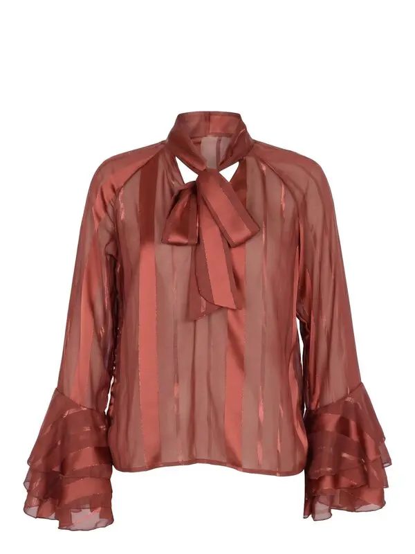 MODENAIRE Sheer Blouse With Tie Neck Detail And Tiered Bell Sleeves - Orange