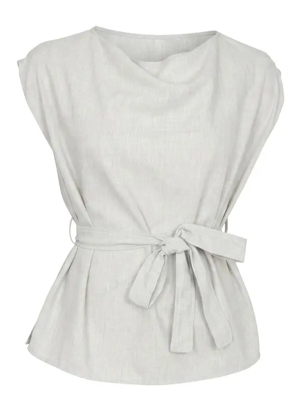MODENAIRE Draped Neck Top With Cap Sleeves And Self Tie Waist Detail - Grey