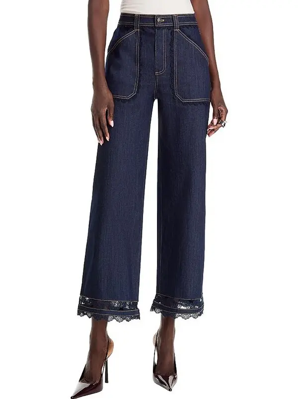 Cinq À Sept Benji Guipure Lace Trim Mid Rise Wide Leg Jeans - Indigo