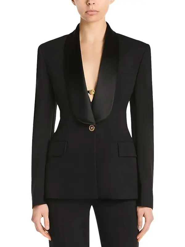 Versace Wool Stretch Satin Lapel Jacket - Black